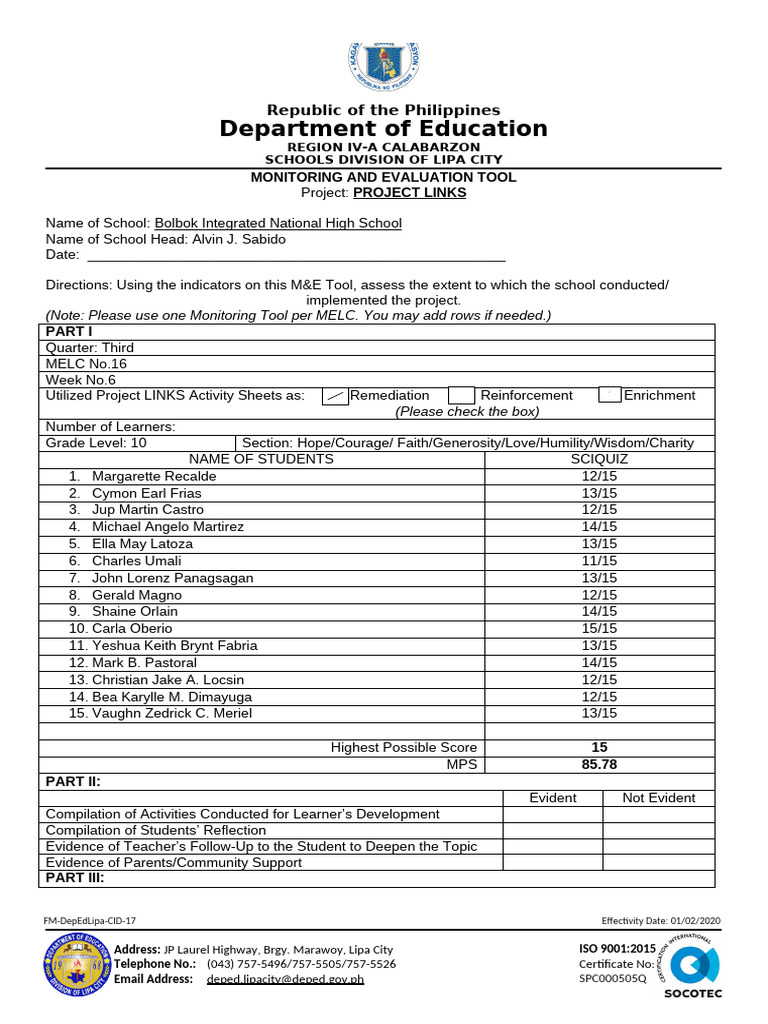Monitoring and Evaluation Tool for Project LINKS | PDF | Behavior ...