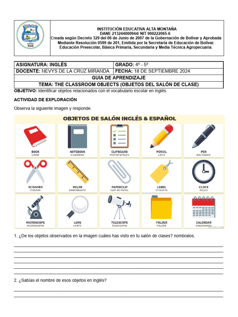 Objetos del salón de clases en inglés | PDF | Implementos de escritura