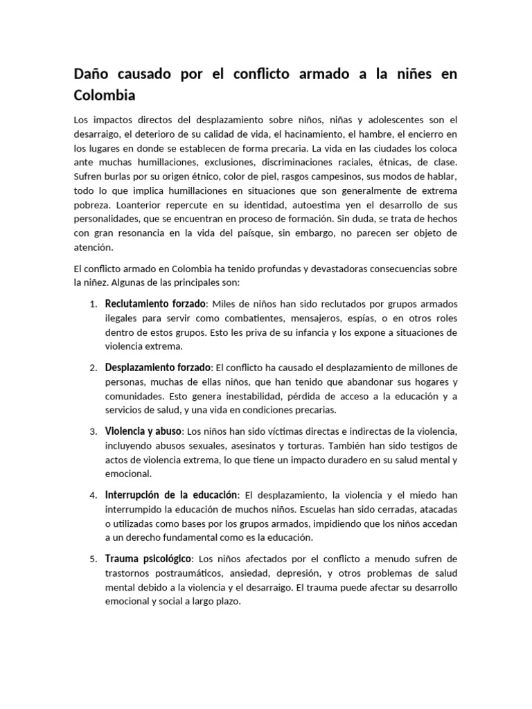 Daño Causado Por El Conflicto Armado A La Niñes en Colombia | PDF ...