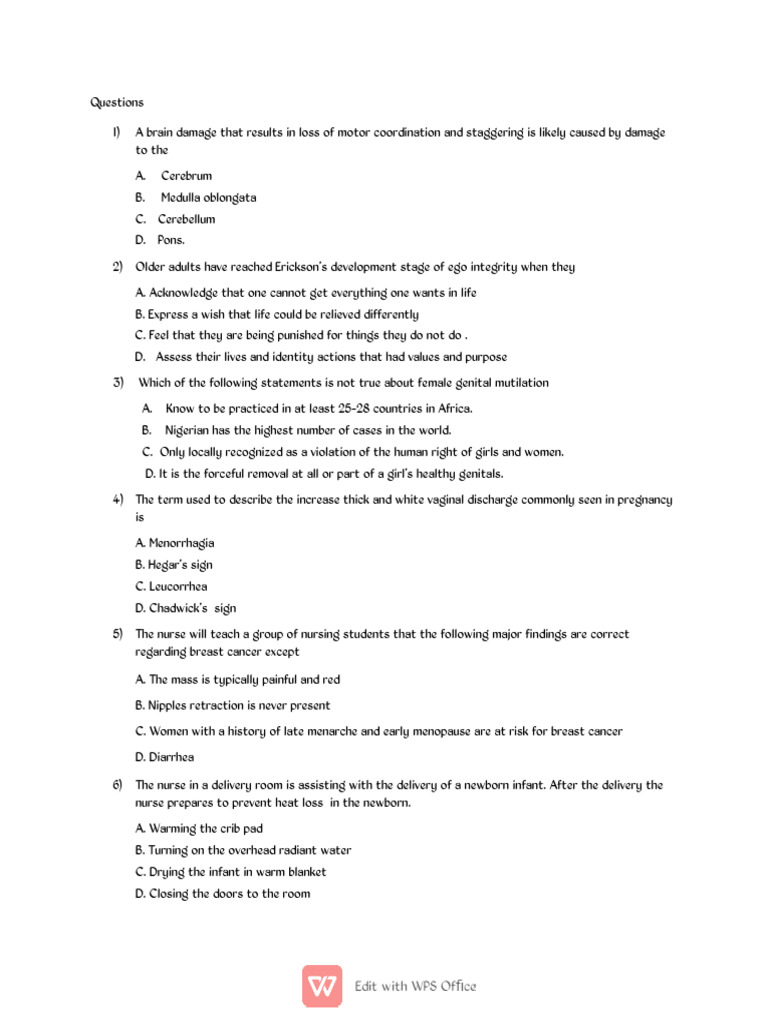 Past NMCN Questions-WPS Office | PDF | Shock (Circulatory) | Breastfeeding