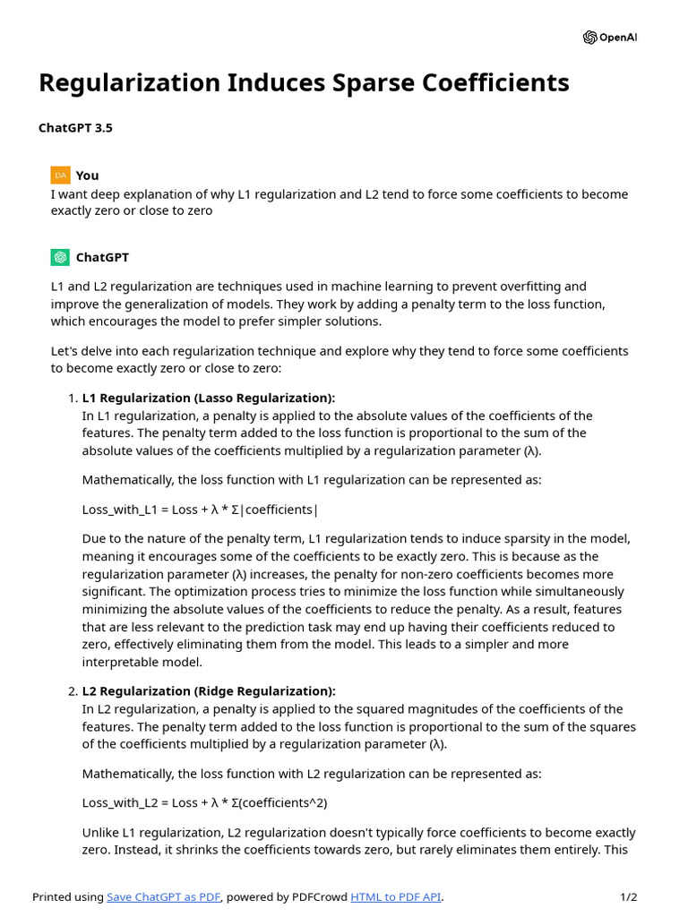 Regularization Induces Sparse Coefficients | PDF | Analysis | Machine Learning