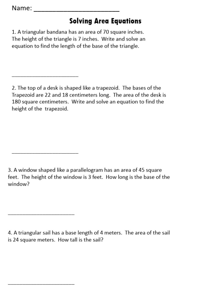 Julian Bellinger - Solving Area Equations Worksheet-Easy | PDF