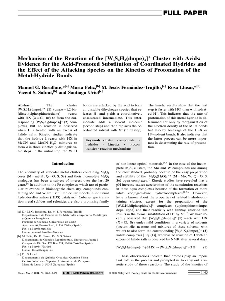 Kinetics of [W3S4H3(dmpe)3]+ with Acids | PDF | Coordination Complex ...