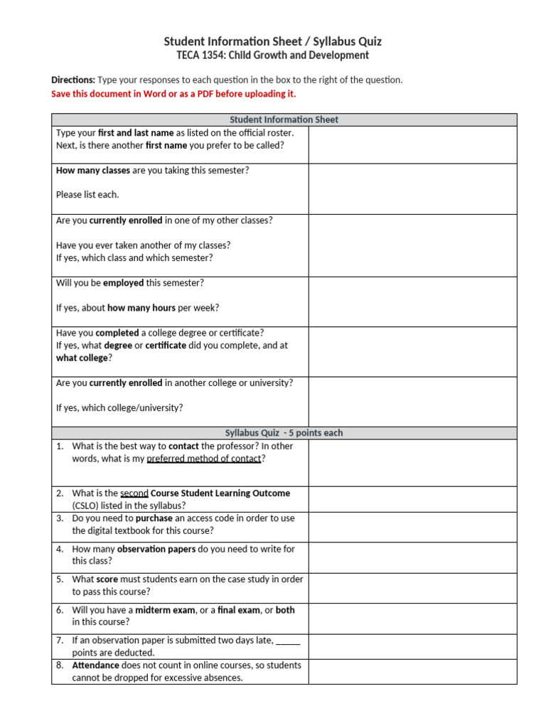 TECA 1354 Student Info & Syllabus Quiz | PDF