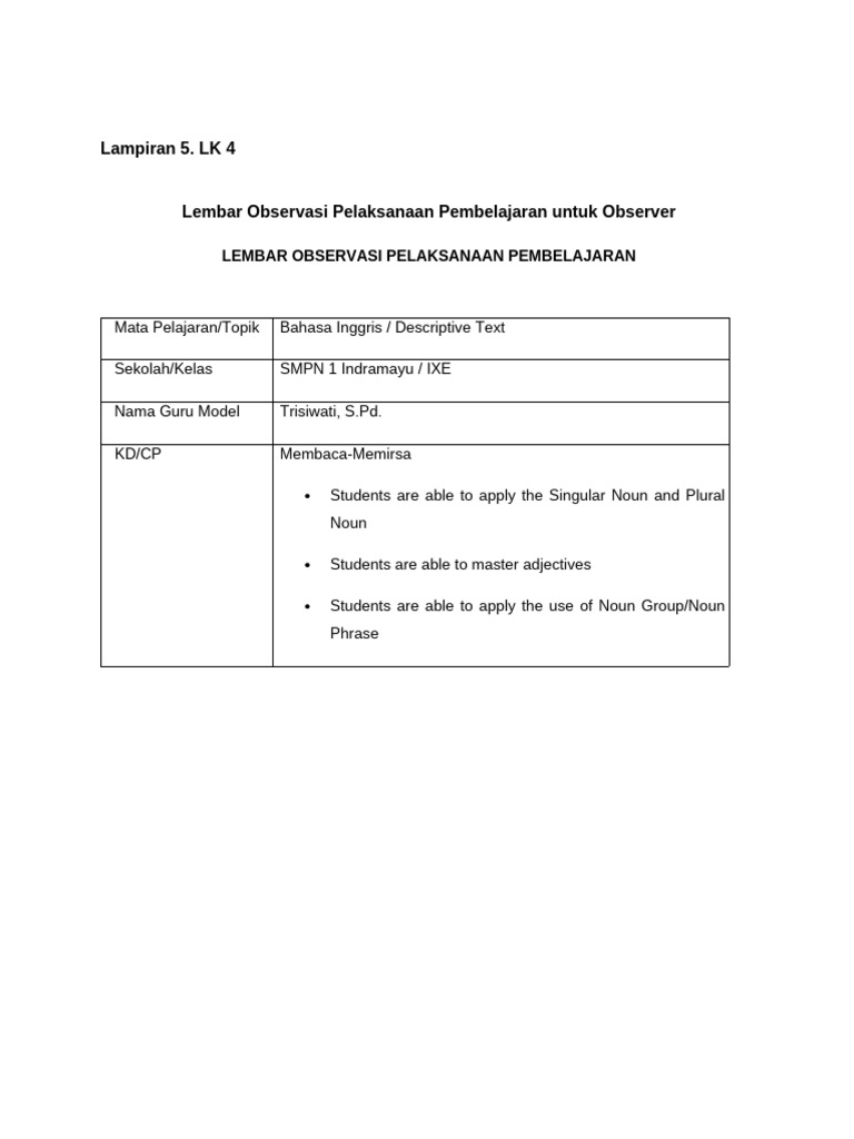 Lampiran 5. LK 4 Format Lembar Observasi Pelaksanaan Pembelajaran Untuk Observer | PDF