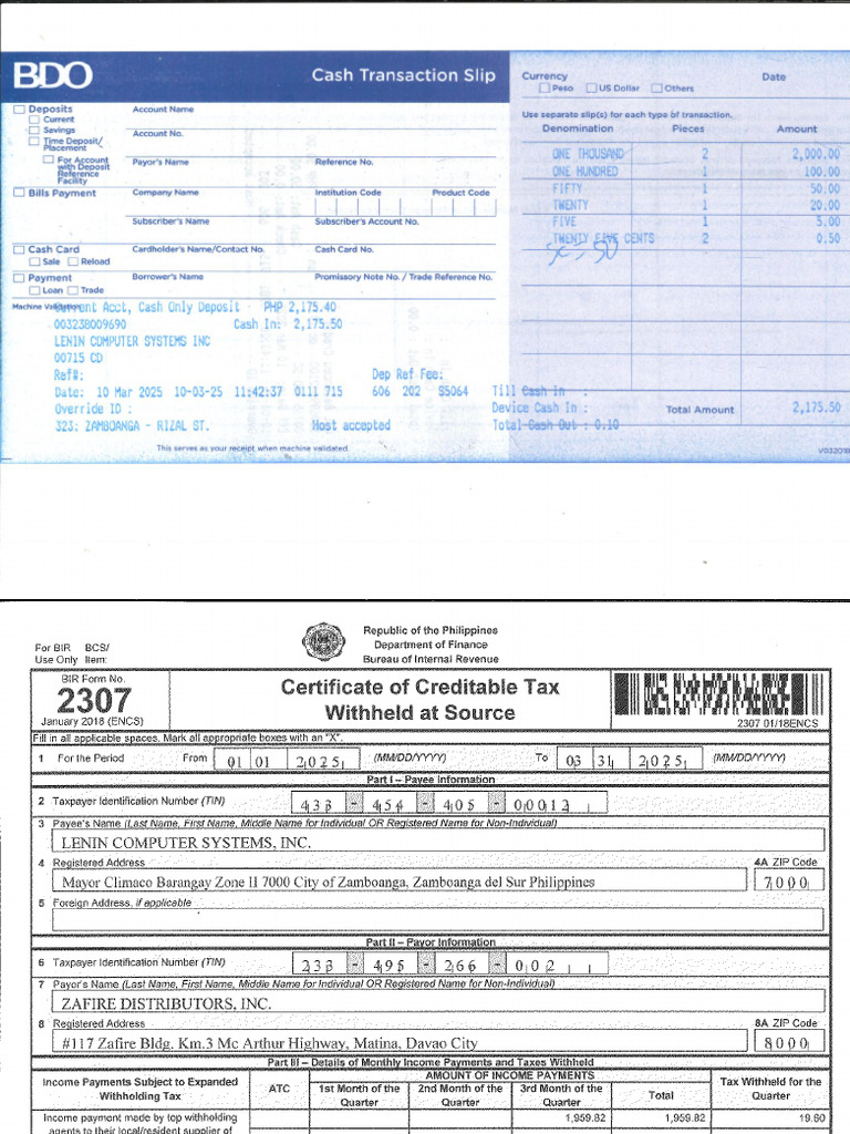 Payment To Lenin - Deposit Slip & Form 2307 | PDF