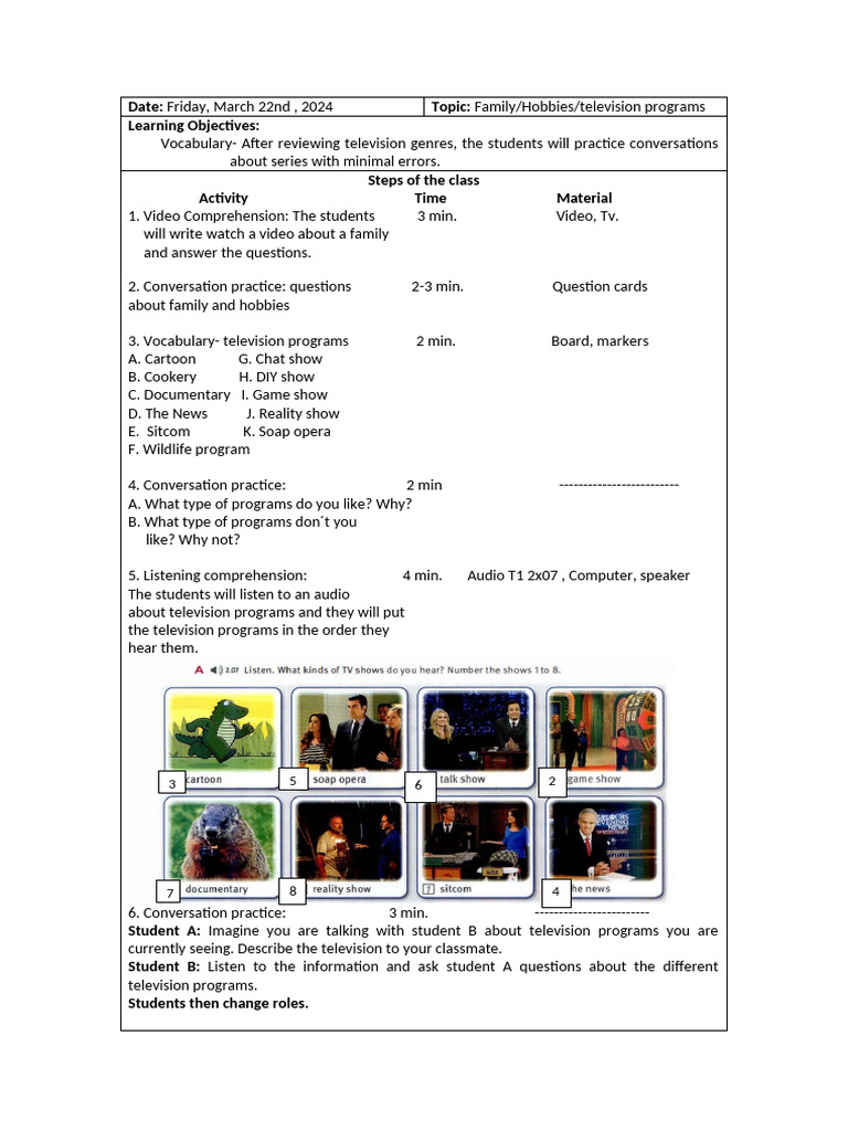 Conversation Club Planning Sheet - Family, Hobbies, Television Programs ...