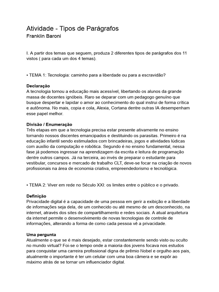 Tipos de Parágrafos: Exemplos Práticos | PDF | Amor | Internet