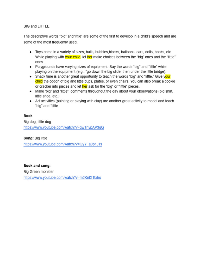Teaching Big and Little Concepts to Kids | PDF