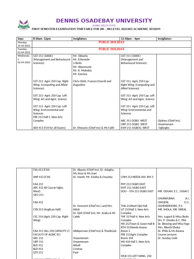 Approved First Semester Examination 200 to 300 Level (2024-2025)_040245 | PDF