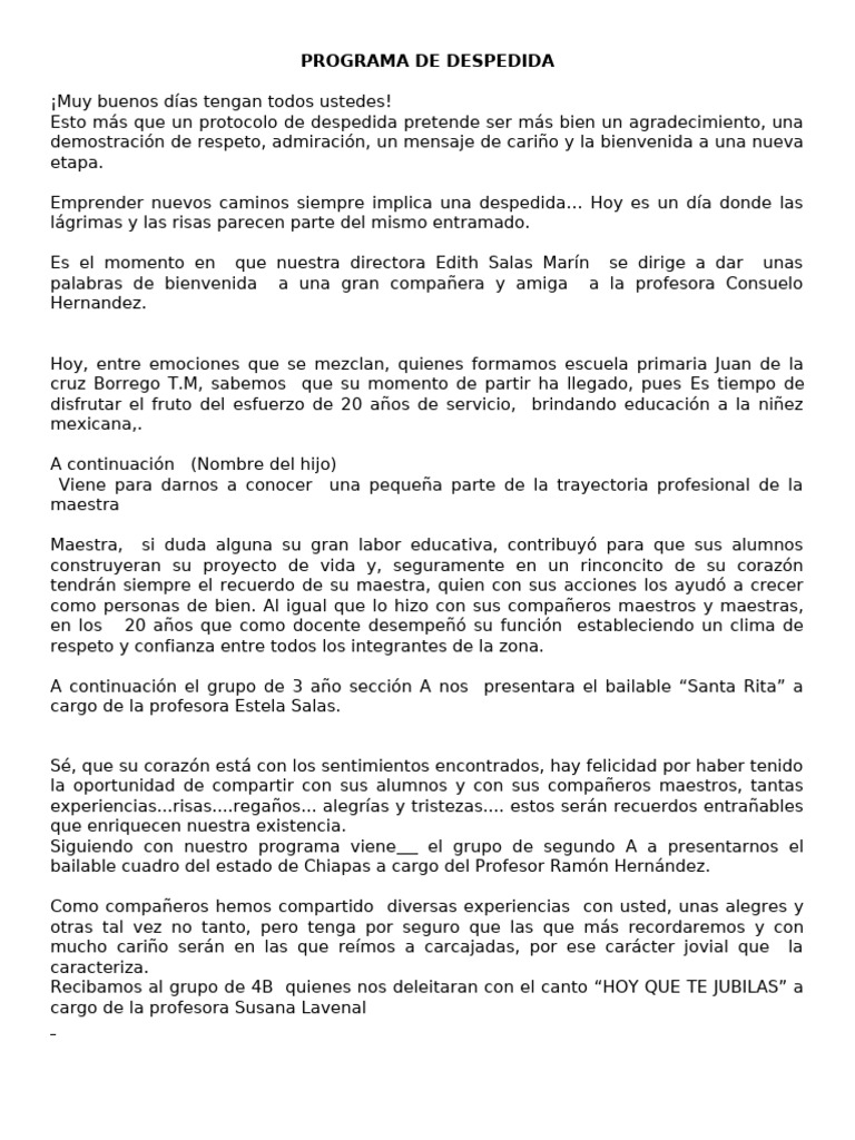 Programa de Despedida, Maestra Chelo | PDF | Maestros