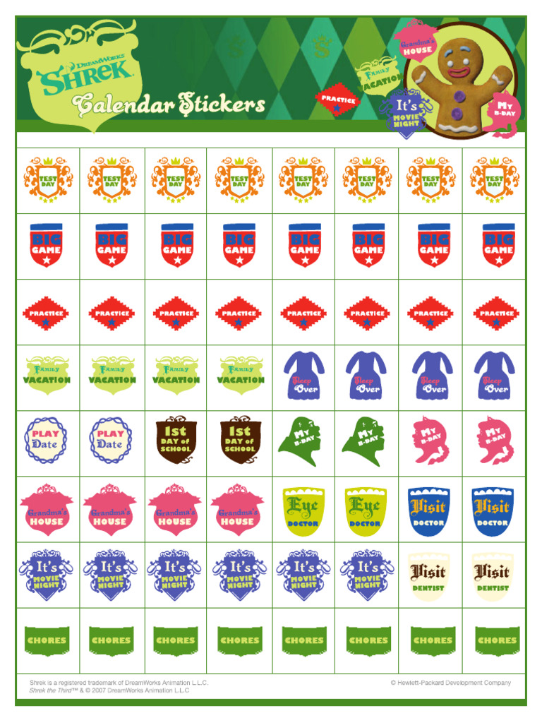 Shrek Calendar Stickers | PDF