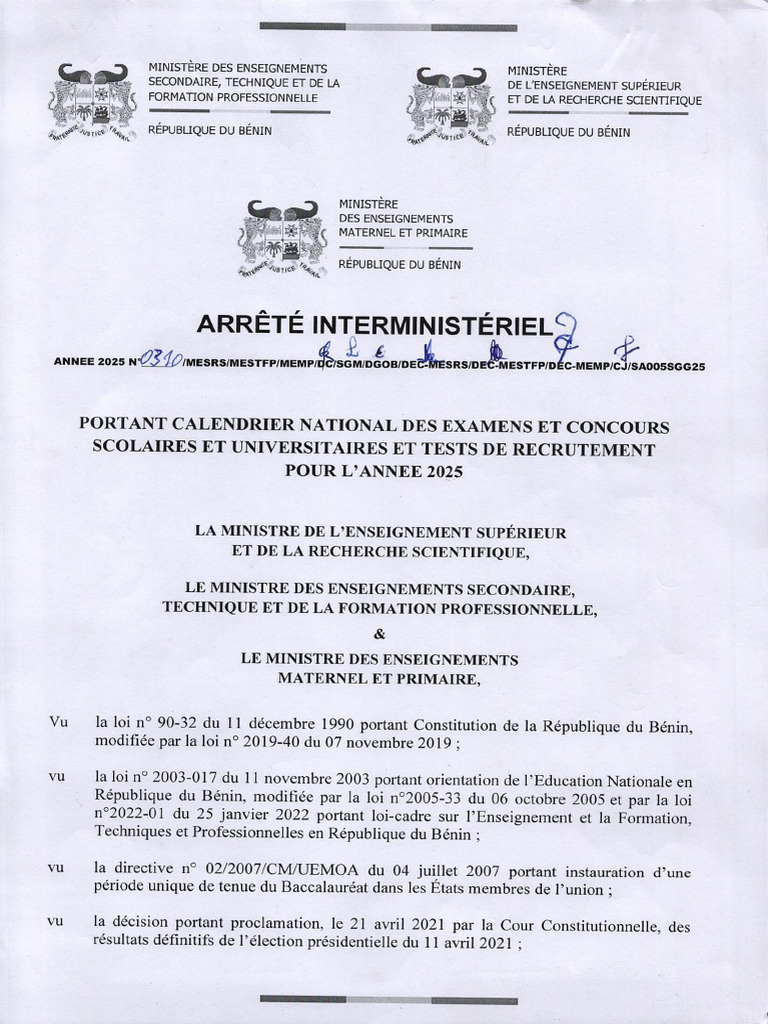 0310 Arrete Interministeriel Portan Calendrier National Des Examens Et Concours | PDF