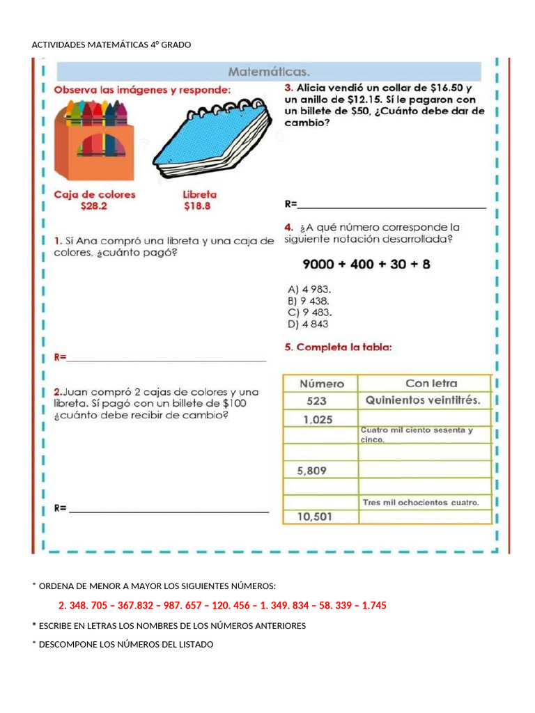 Actividades Matemáticas 4° Grado | PDF