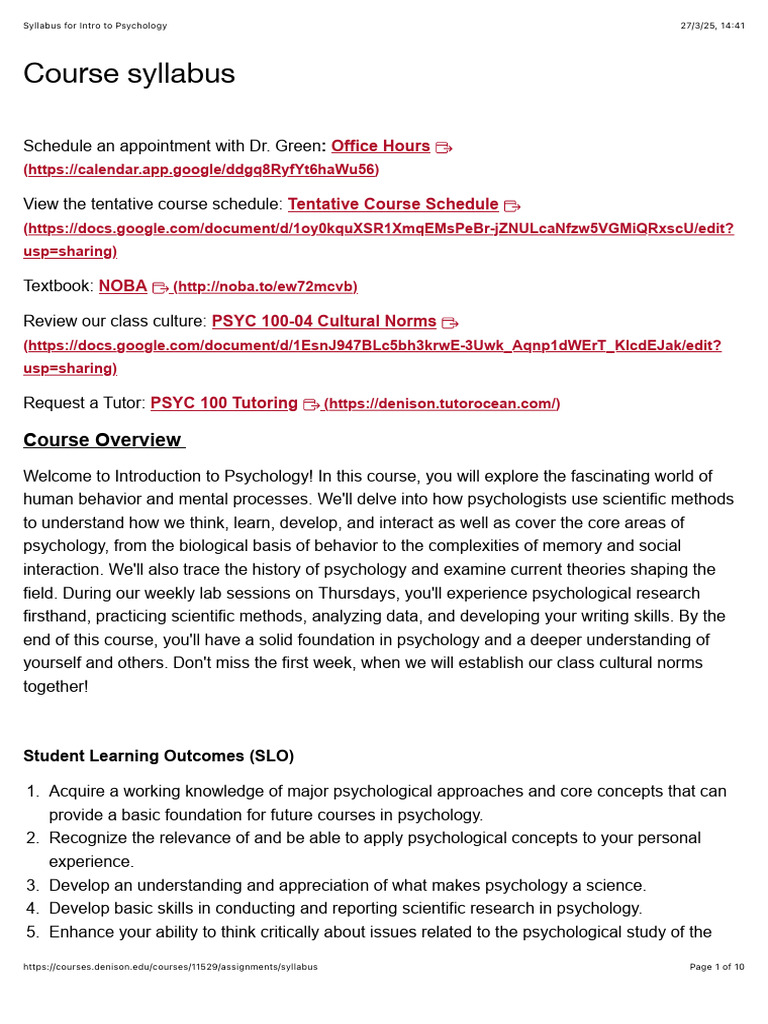 sydney green syllabus | PDF | Psychology | Academic Dishonesty