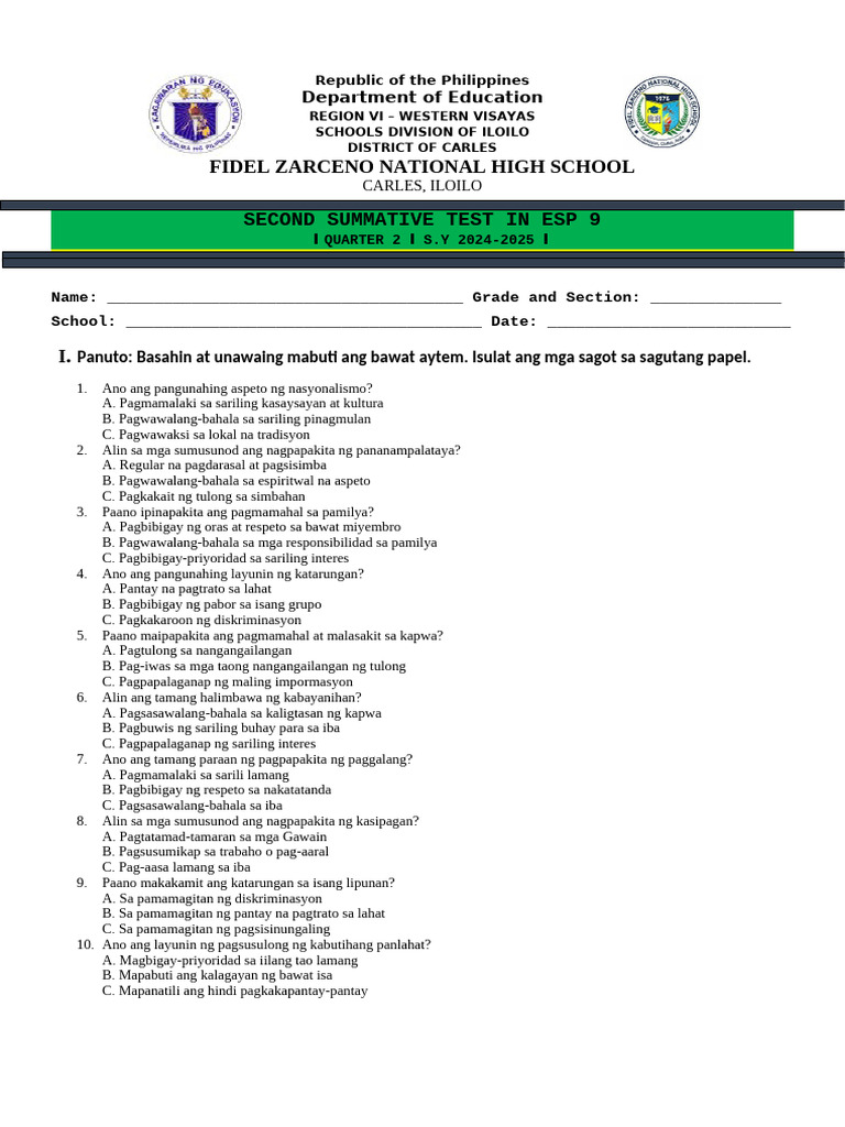 2ND Summative Esp 9 | PDF