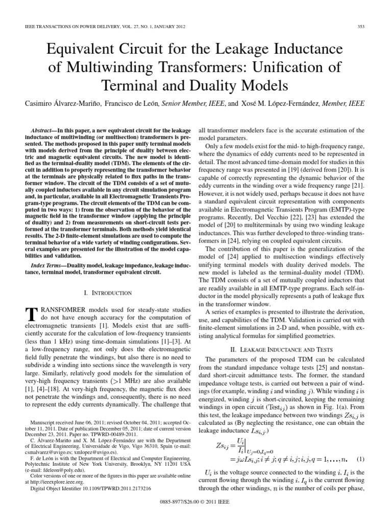 Equivalent Circuit for the Leakage Inductance of Multiwinding Transformers | PDF | Inductance ...