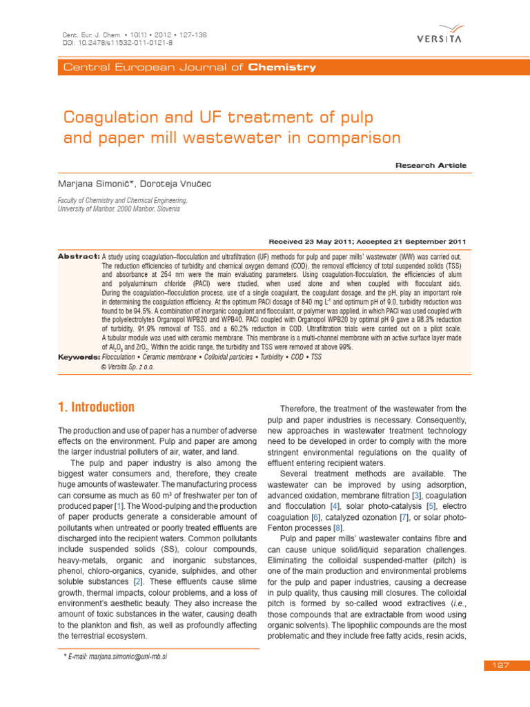 Wastewater Treatment in Pulp and Paper | PDF | Membrane | Environmental ...
