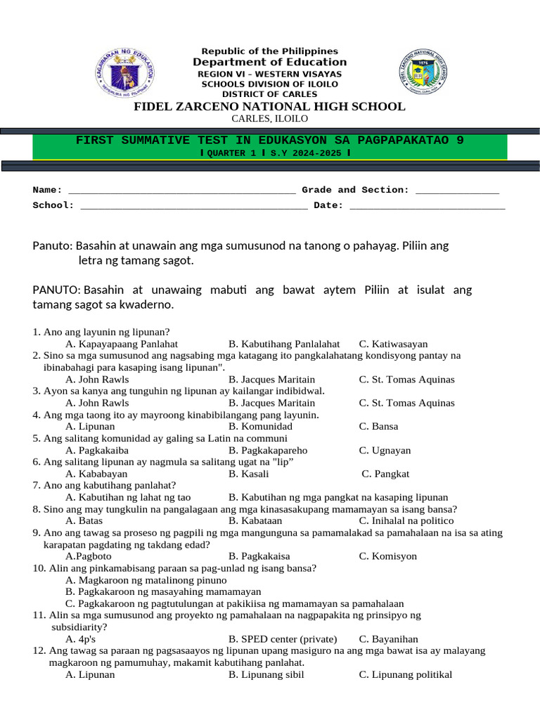 Esp 9 Q1 SUMMATIVE | PDF