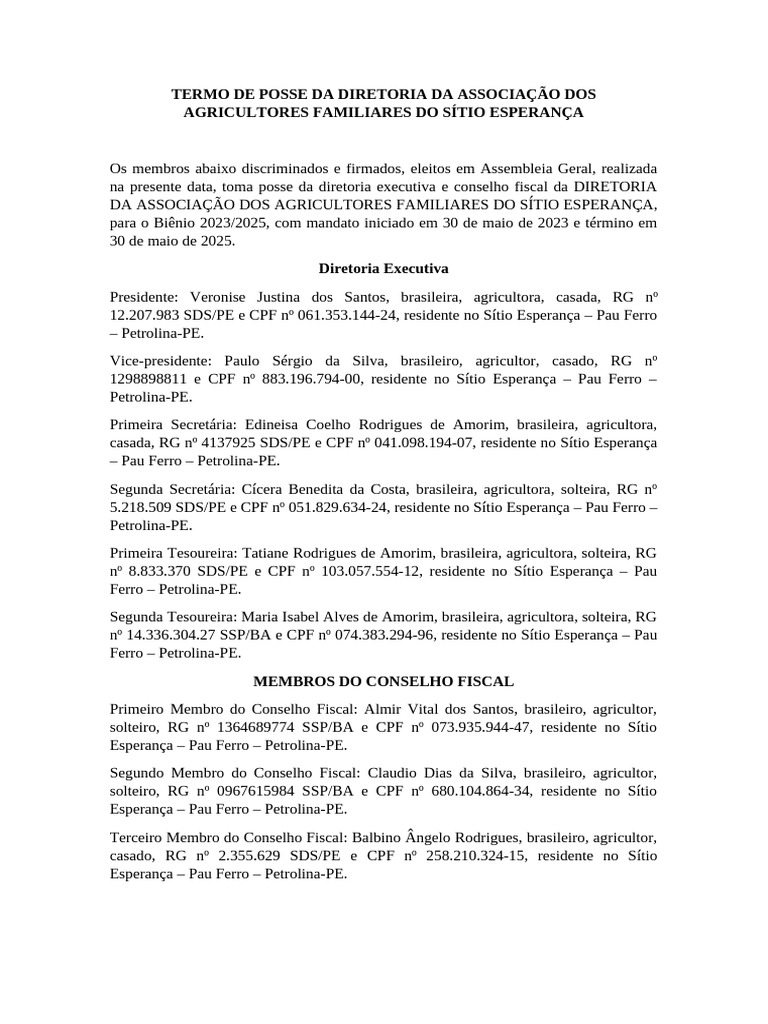 Termo de Posse Da Associação Sitio Esperança Pau Ferro | PDF | Brasil ...