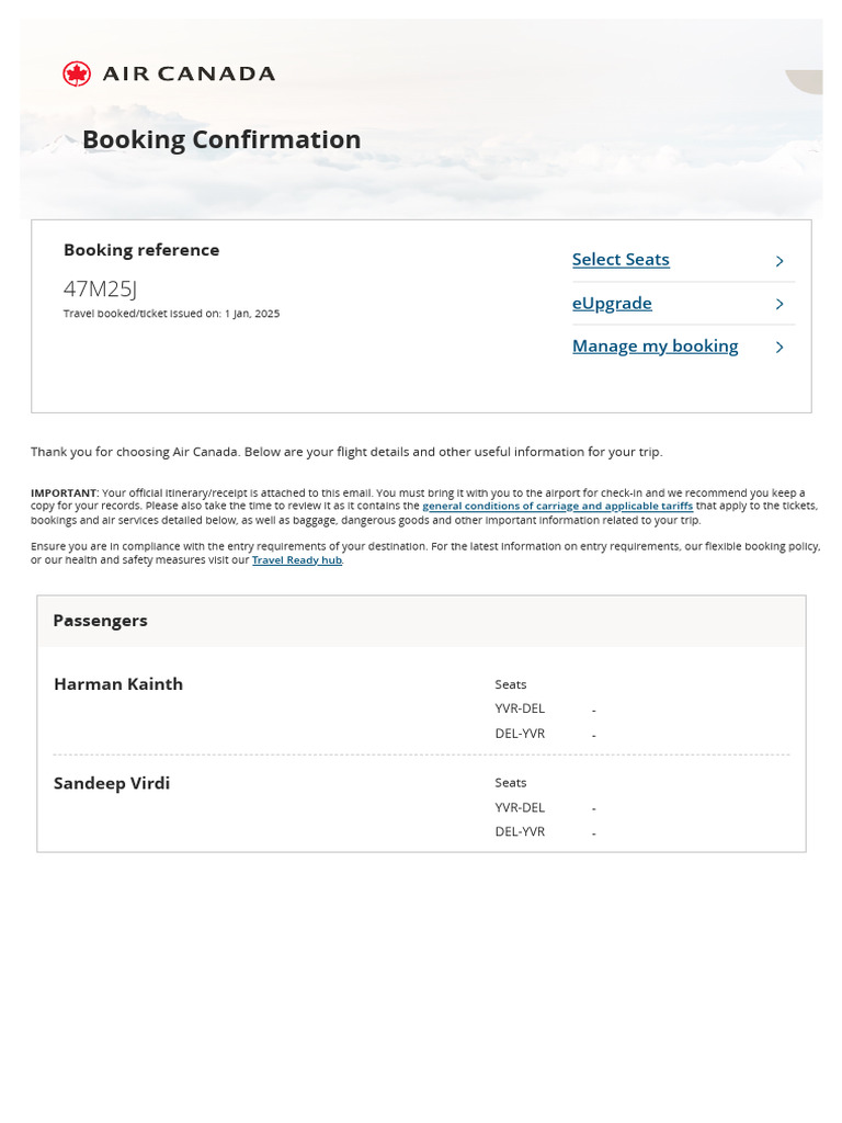 Air Canada Flight Booking Details | PDF | Aviation