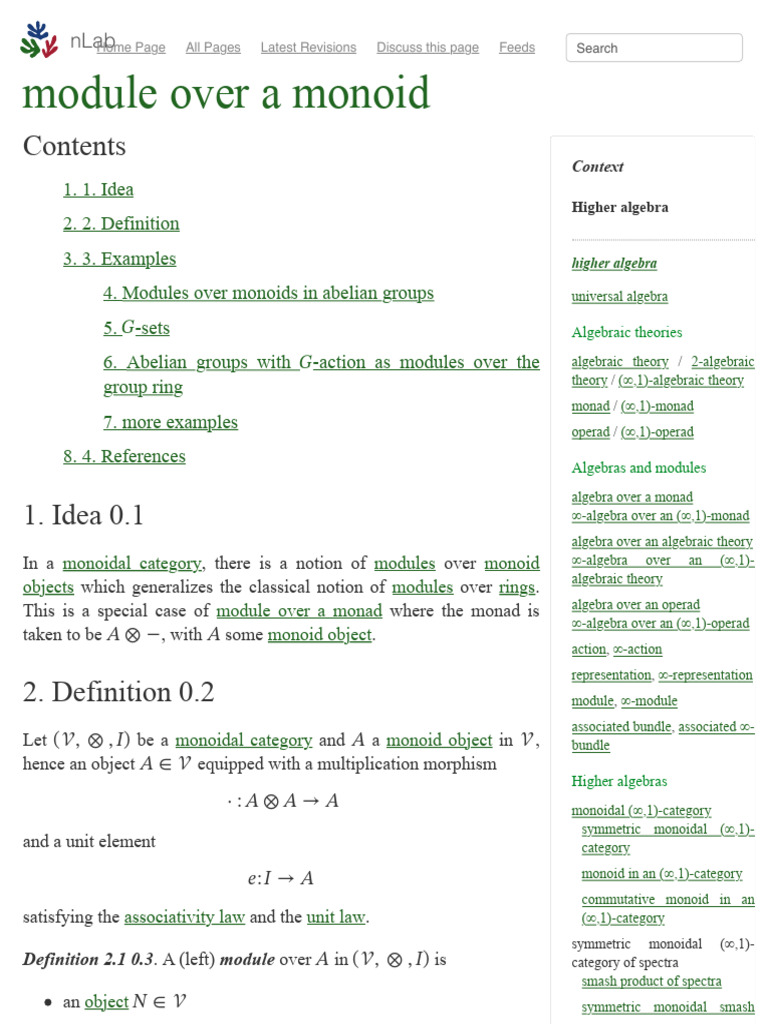 Module Over A Monoid in Nlab | PDF | Ring (Mathematics) | Module ...