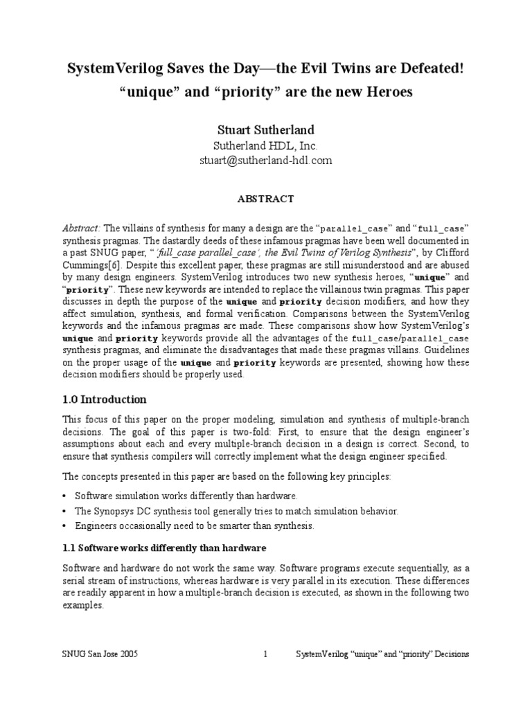 2005-SNUG-Paper SystemVerilog Unique and Priority | PDF | Computer Engineering | Areas Of ...