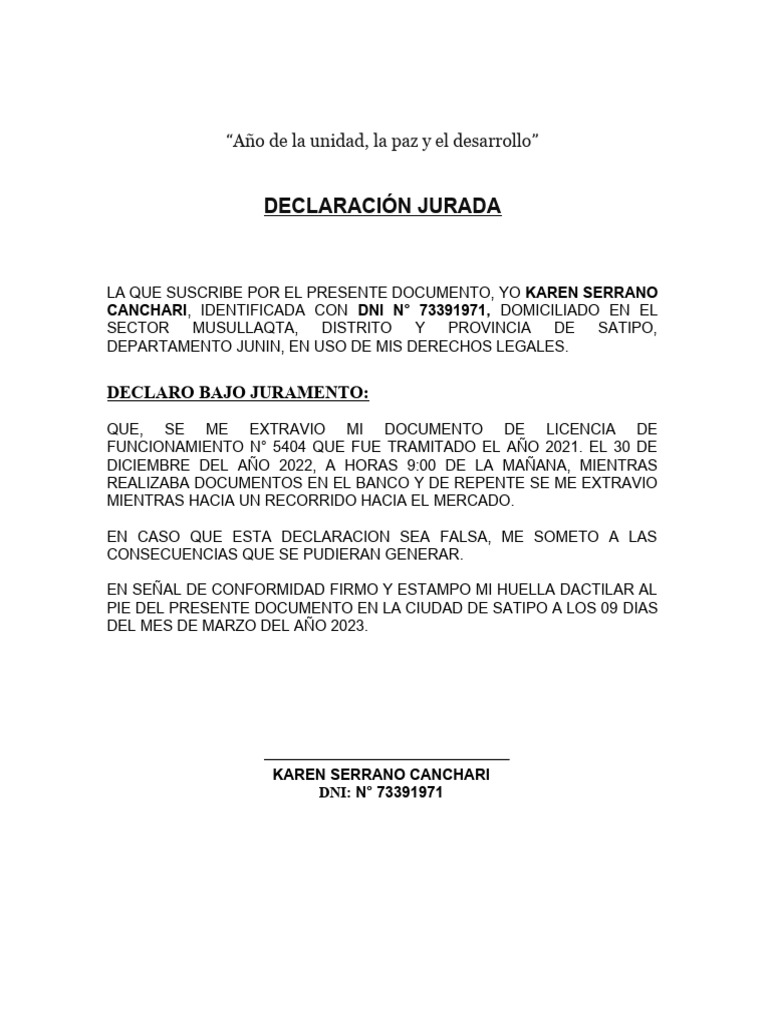 Declaracion Jurada Por Perdida de Dni | PDF