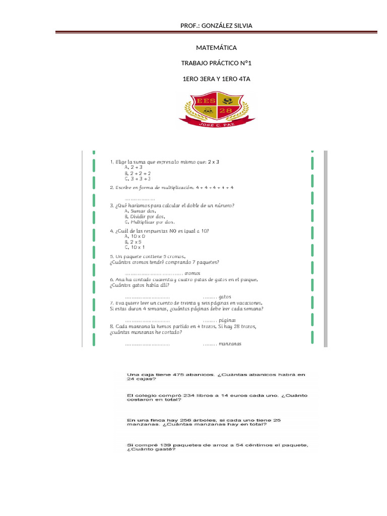 Matemática Situaciones Problemática 1ero | PDF