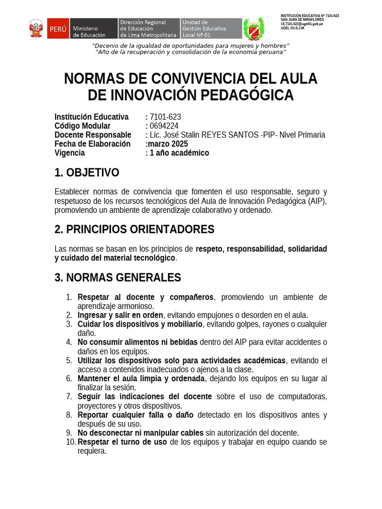 Normas de Convivencia en Aula AIP | PDF | Salón de clases | Aprendizaje