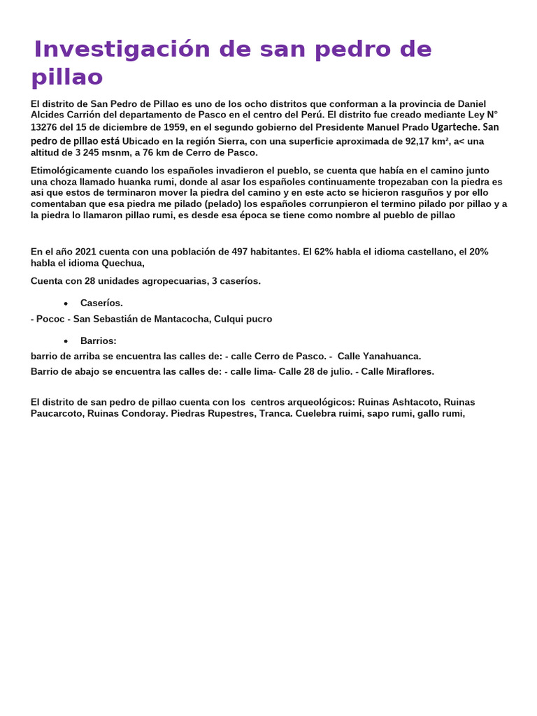 San Pedro de Pillao: Historia y Datos Clave | PDF