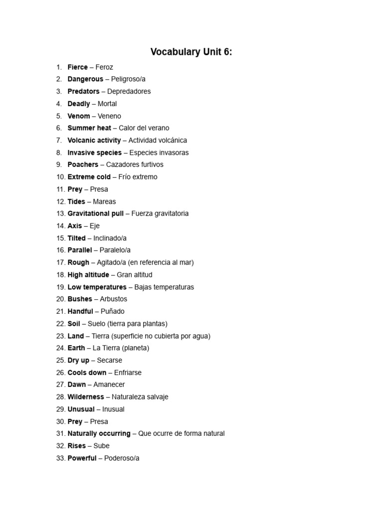 Vocabulary Unit 6 | PDF | Ciencias de la Tierra | Naturaleza