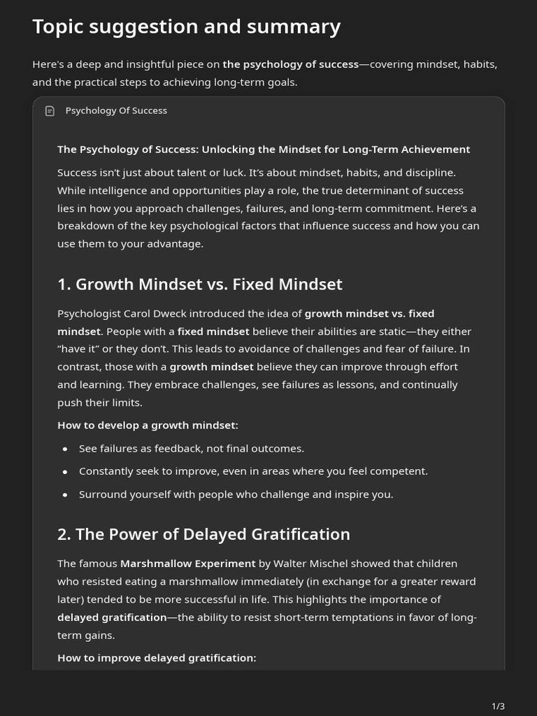 Topic suggestion and summary | PDF | Mindset | Delayed Gratification