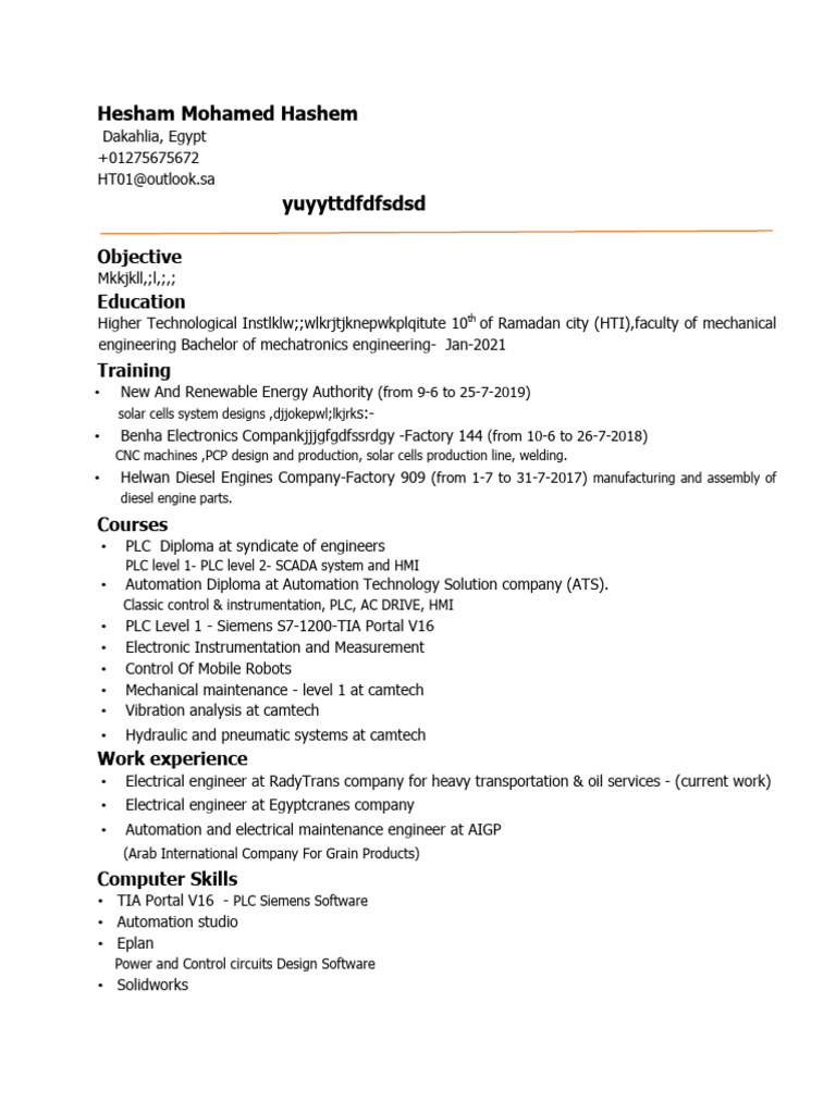 Mechatronics Engineer Resume - Egypt | PDF