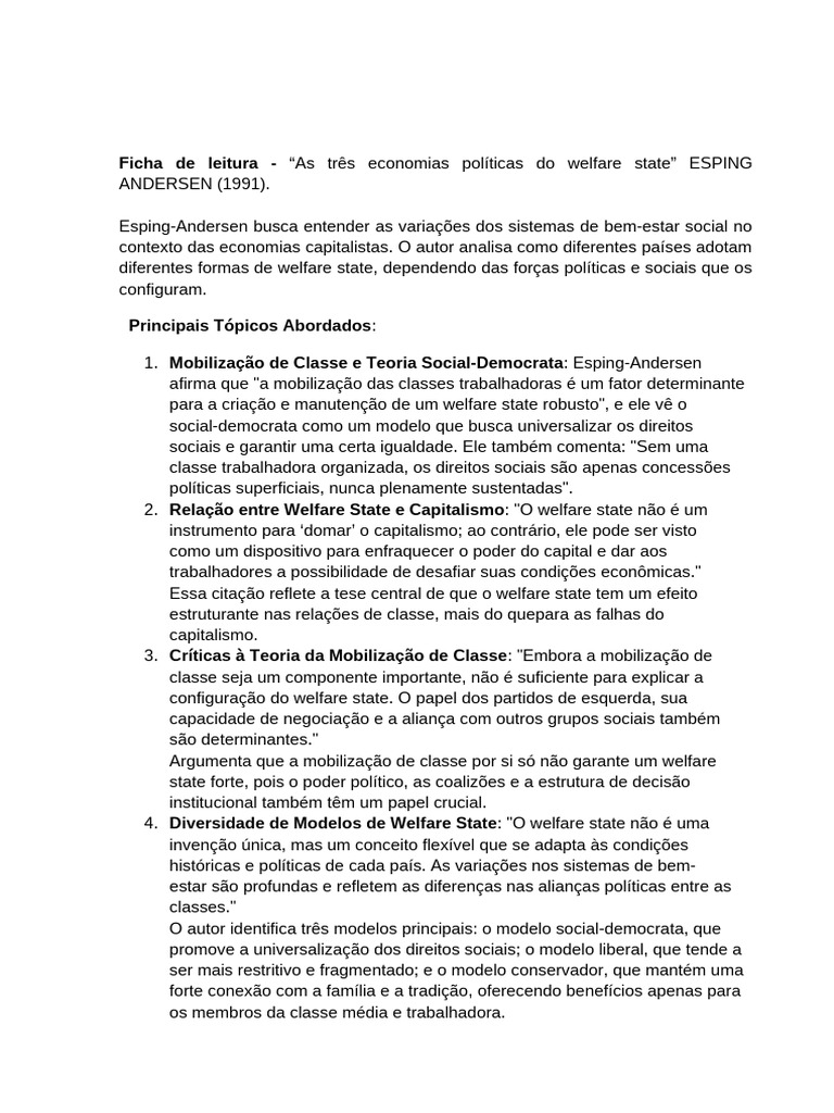 Ficha de Leitura ESPING ANDERSEN | PDF | Estado de bem-estar social ...