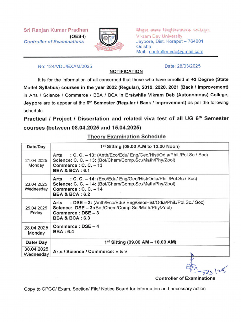 U.G 6th Sem Exam-2025 | PDF