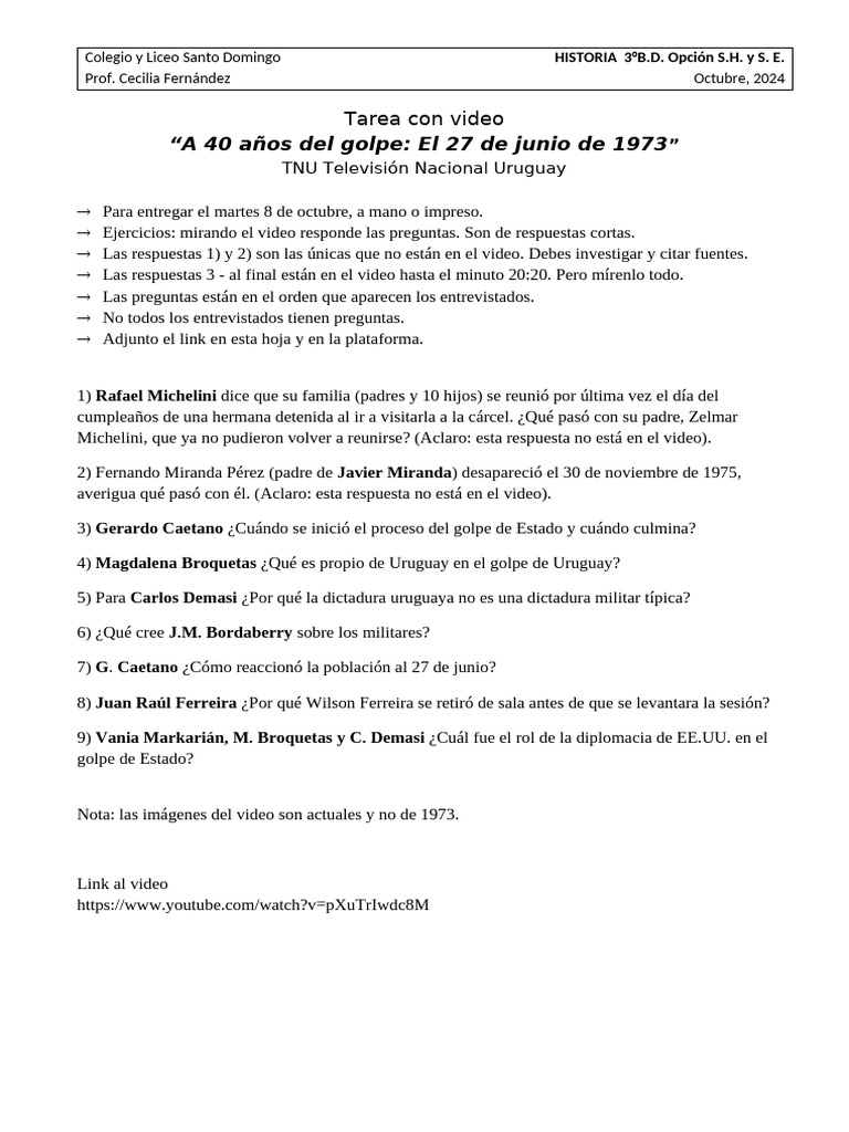 Tarea+video+A+40+años+del+golpe+TNU 2 | PDF
