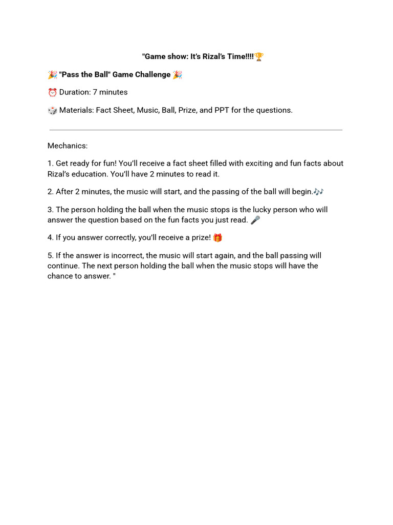 Rizal's Pass the Ball Game Mechanics | PDF | Multiple Choice | Game Shows