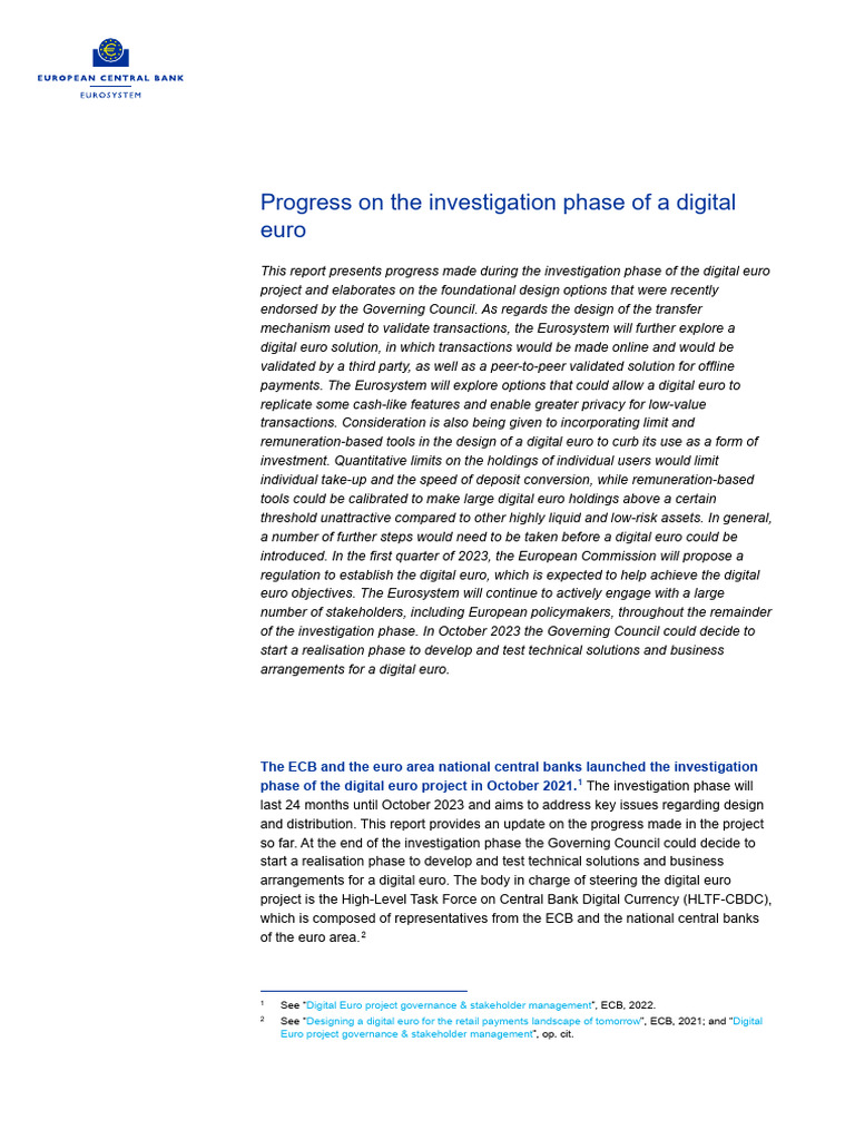 Digital Euro Project Progress Report | PDF | Euro | European Central Bank