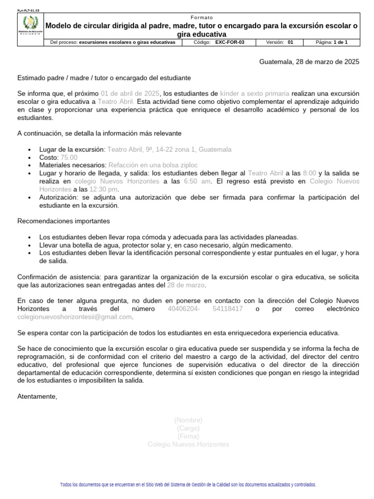 Circular sobre excursión escolar 2025 | PDF