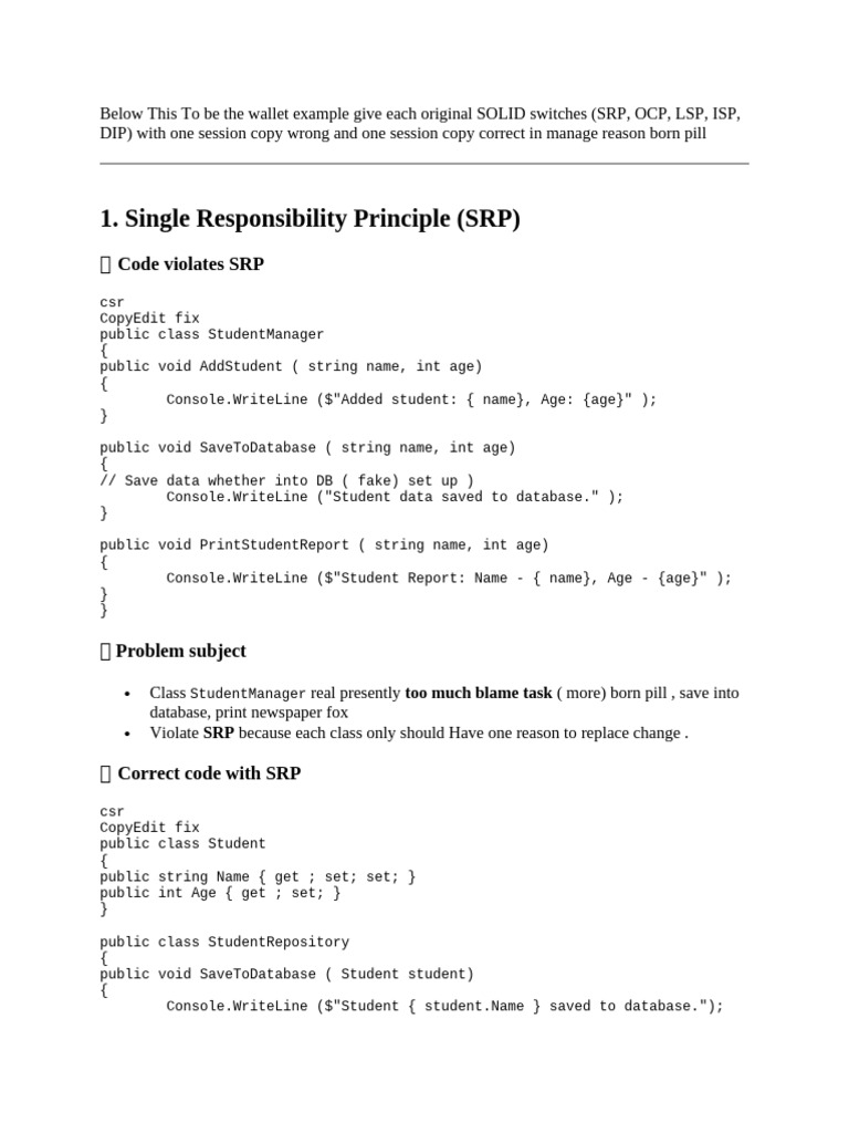 Dưới đây là các ví dụ cho từng nguyên tắc SOLID | PDF | Computer Science | Computer Engineering