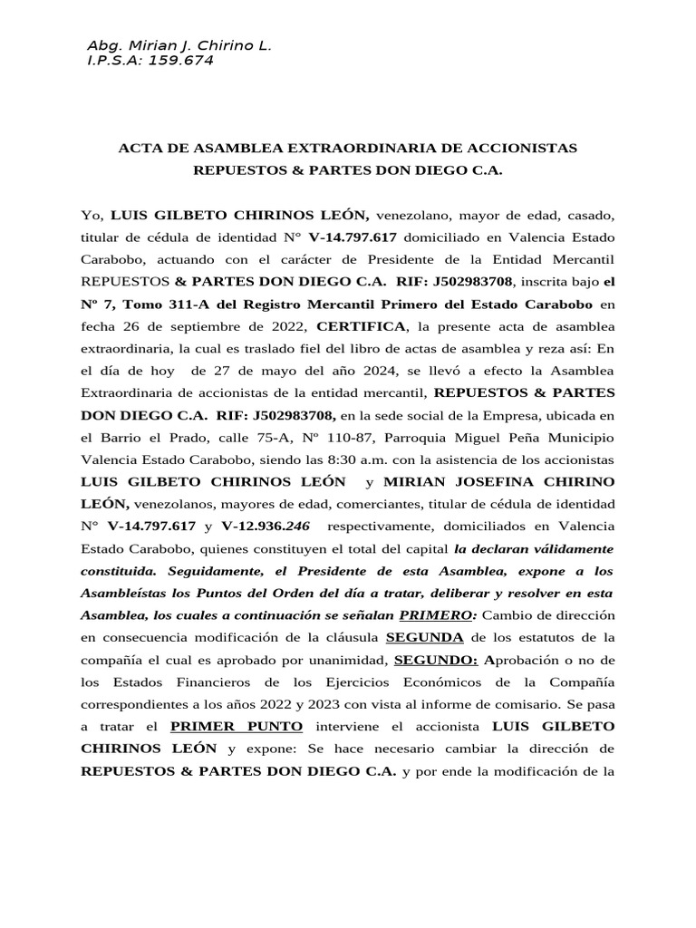 ACTA DE ASAMBLEA EXTRAORDINARIA DE ACCIONISTAS Corregida | PDF | Gobierno