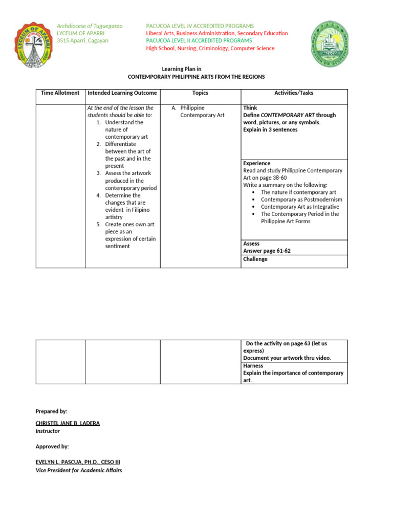 Contemporary Philippine Arts Learning Plan | PDF | Liberal Arts ...