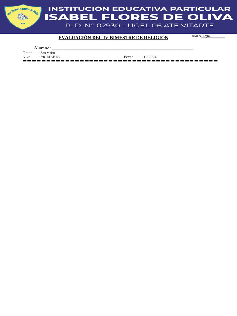 Examen Iv Bimestre - Religión - 3ro y 4to - 2024 | PDF
