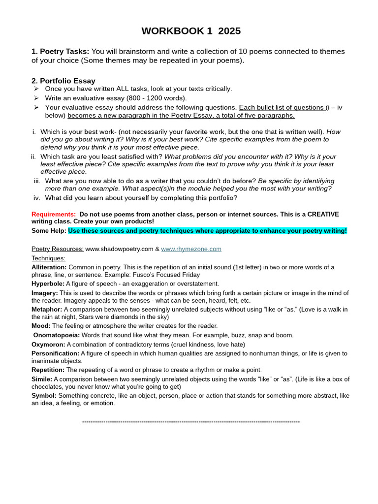 BAB WORKBOOK 1 Poem Tasks and Essay | PDF | Poetry | Phonaesthetics