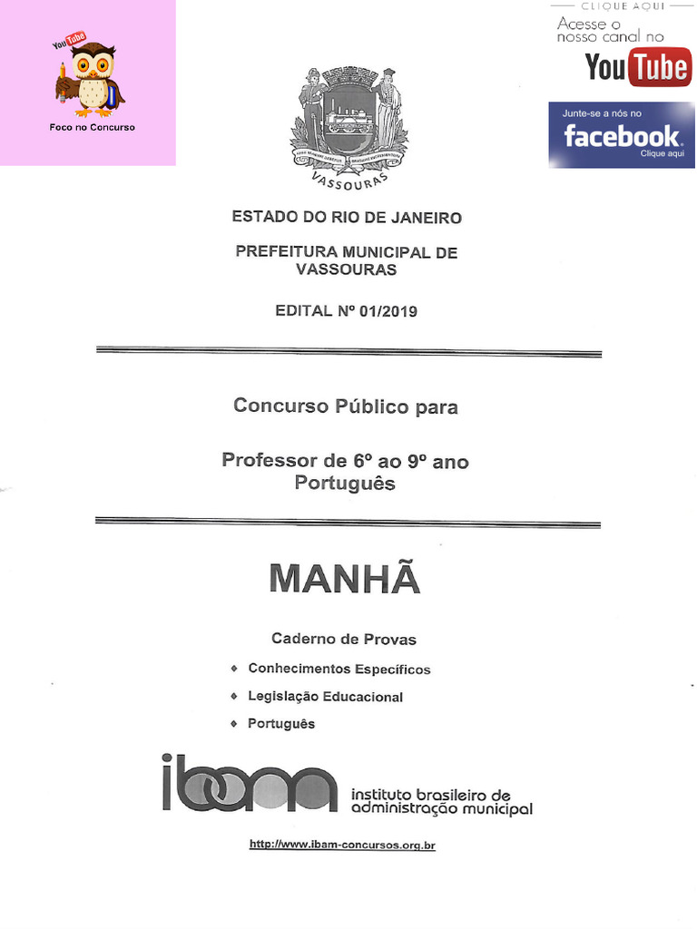 Ibam - Professor 6 Ao 9 Ano Língua Portuguesa - Vassouras RJ - Superior - Prova e Gabarito ...