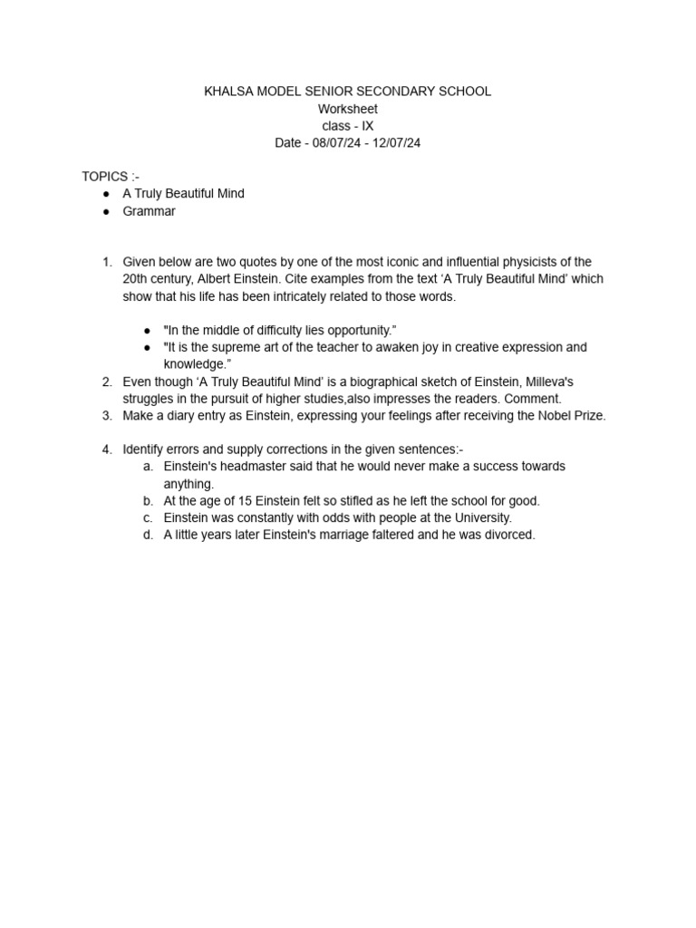 A Truly Beautiful Mind Worksheet for Class 9 | PDF