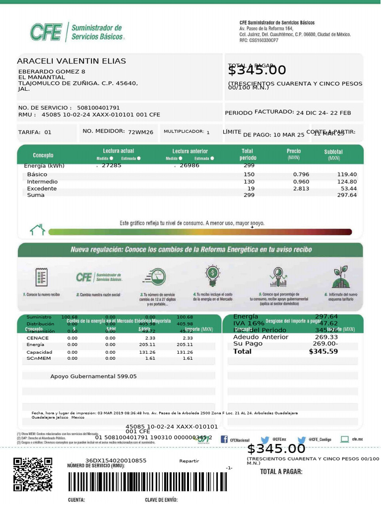 Comprobante Domicilio CFE Feb 2019 | PDF