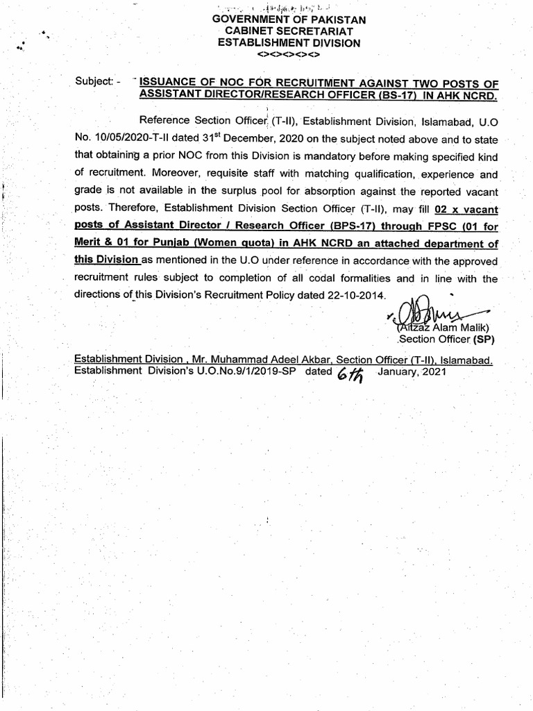 NOC for Assistant Director Recruitment | PDF