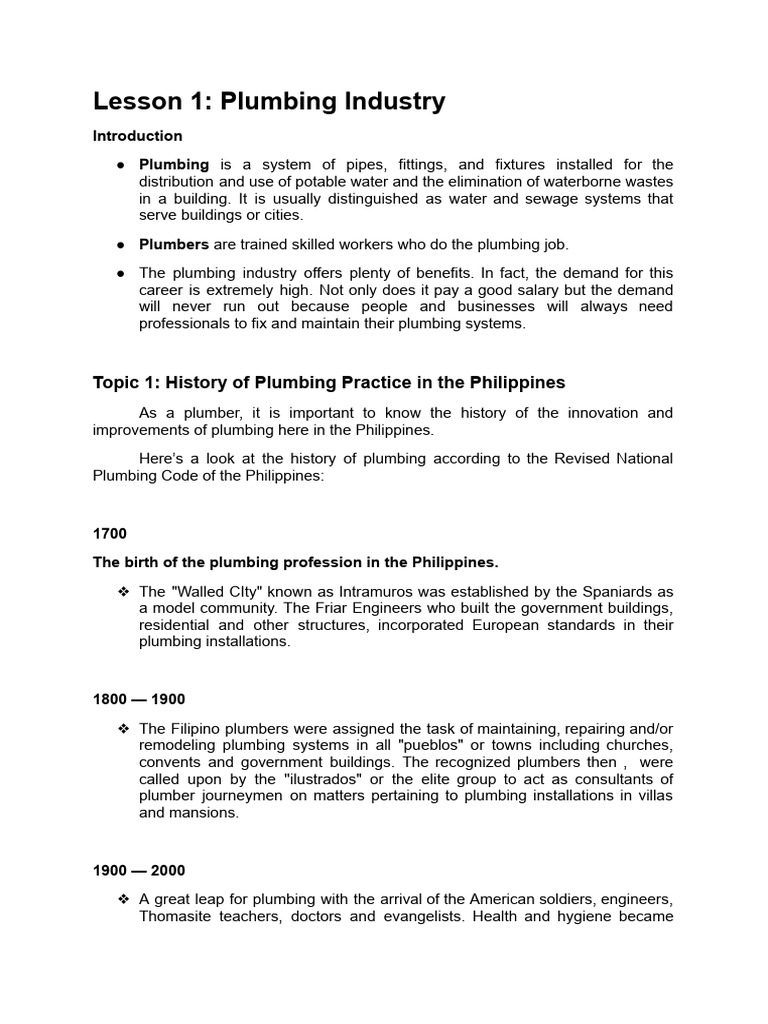 Lesson 1 - Plumbing Industry | PDF | Plumbing | Sanitation